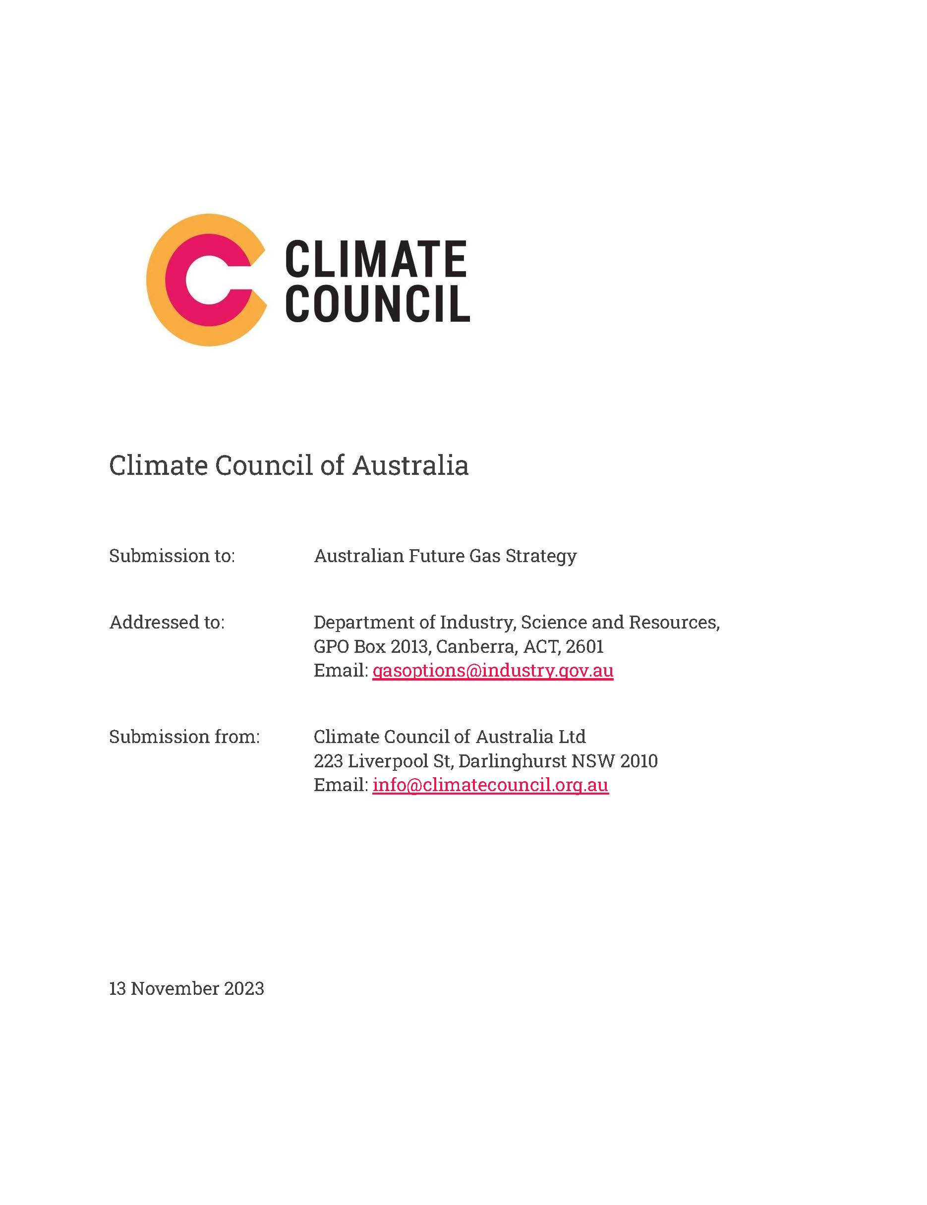 Submission: Australian Future Gas Strategy | Climate Council